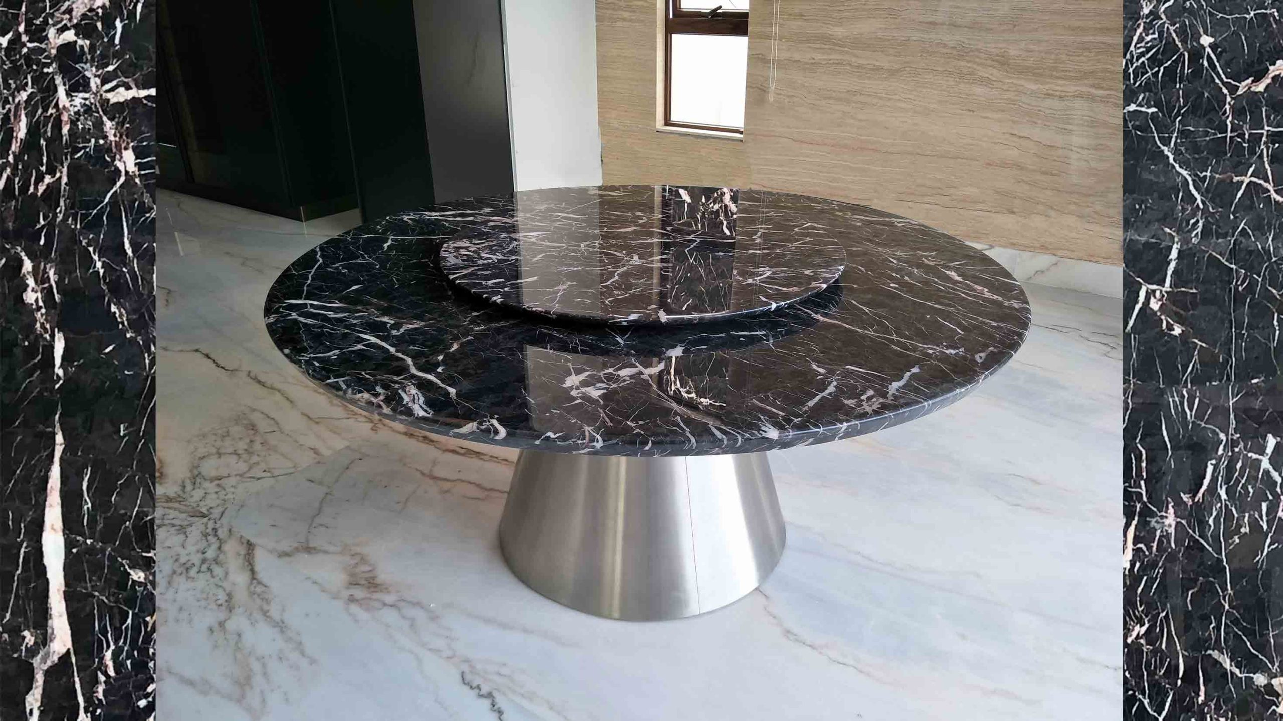 Dine in Style with this Round Black Marble Dining Table